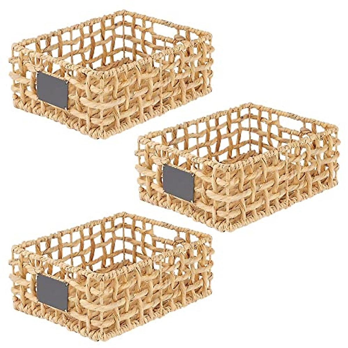 mDesign Water Hyacinth Open Weave Household Basket with Built-in Chalkboard Label for Storage in Bedroom, Bathroom, Office - Hold Clothes, Blankets, Linens, Accessories, 3 Pack - Natural/Tan