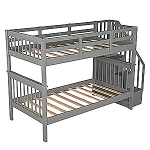 Harper & Bright Designs Twin Over Twin Bunk Beds with Stairs Wood Bunk Bed Frame with Storage Shelves for Kids Boys Girls Teens, Can be Divided into 2 Beds, Gray