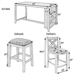 Bellemave 5 Pieces Counter Height Dining Table Set for 4,Rustic Farmhouse Wooden Bar Table Set with 3-Tier Shelf, 2 Stools and 2 Chairs for Kitchen Dining Room(Grey)