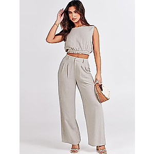ANRABESS 2 Piece Outfits for Women Summer Vacation Beach Sleeveless Linen Crop Tank Top Casual Matching Lounge Sets Comfy Tracksuits Long Pants Jumpsuits 2023 Fashion Clothes A1102maxing-L