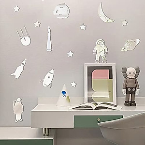 14Pcs Astronaut Space Rocket Mirror Wall Decal Stickers, Outer Space Planet Wall Decals, 3D Acrylic Space Bedroom Decor, Spaceman Spacecraft Vinyl Wall Art DIY for Boys Girls Room, Silver