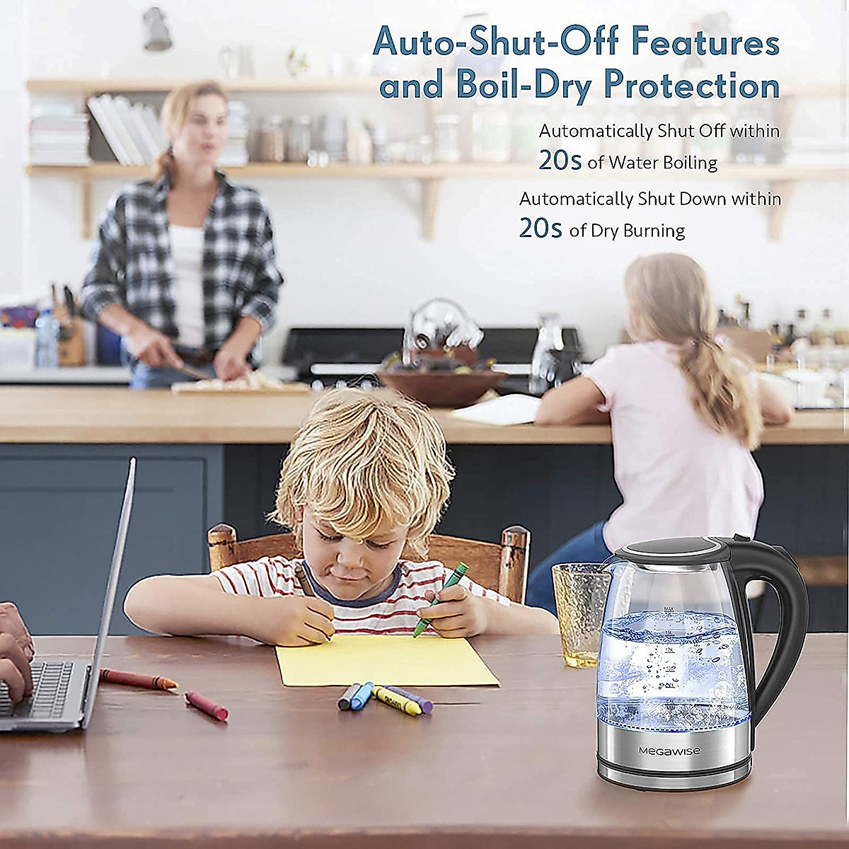 MEGAWISE 1.8L Healthy Electric Kettle, 1000W Borosilicate Glass Tea Kettle with Food Grade Material, Auto Shut-Off and Boil-Dry Protection Cordless Kettle Fast Boiling, BPA Free