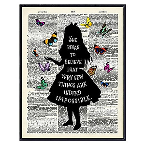 Alice in Wonderland Butterfly Wall Art 11x14 - Home Office, Girl, Kids Room Decor - Positive Quotes Wall Decor - Cheshire Cat, Mad Hatter - Lewis Carroll Quote Poster with Alice in Wonderland Decor