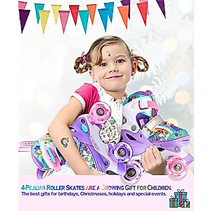 Rainbow Unicorn Kids Roller Skates for Girls Boys Toddler Ages 6-12,4-Pejiijar Adjustable Roller Shoes with Luminous Wheels for Birthday Xmas Gifts.
