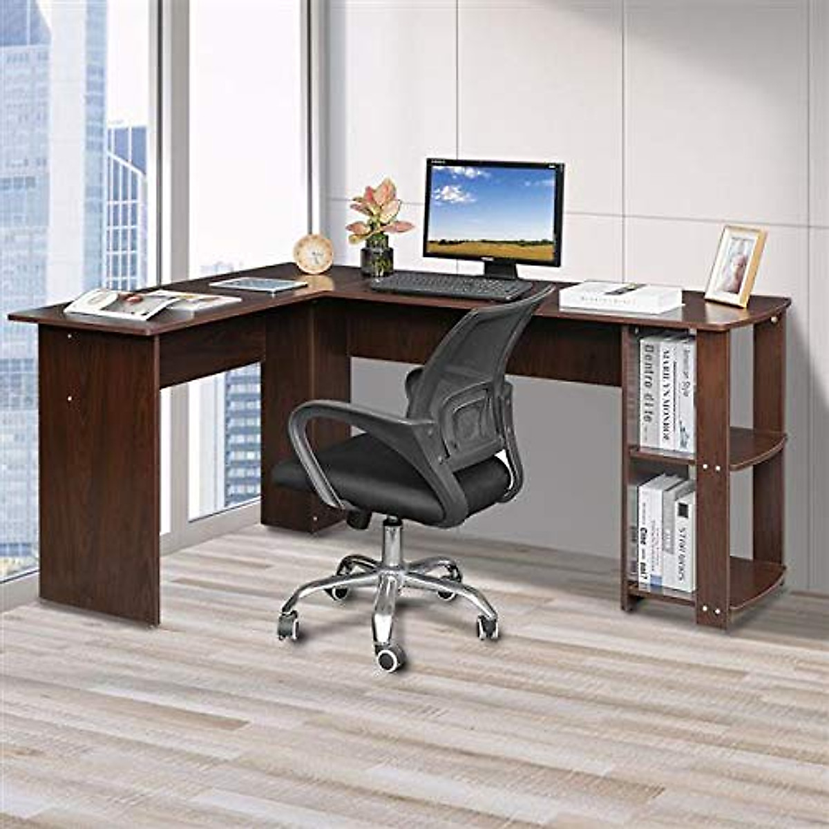 INXXCOROO Basyll L-Shaped Corner Desk Home Office Workstation with Hutch Bookshelves - Sturdy Wooden Computer Table for Laptop and Study