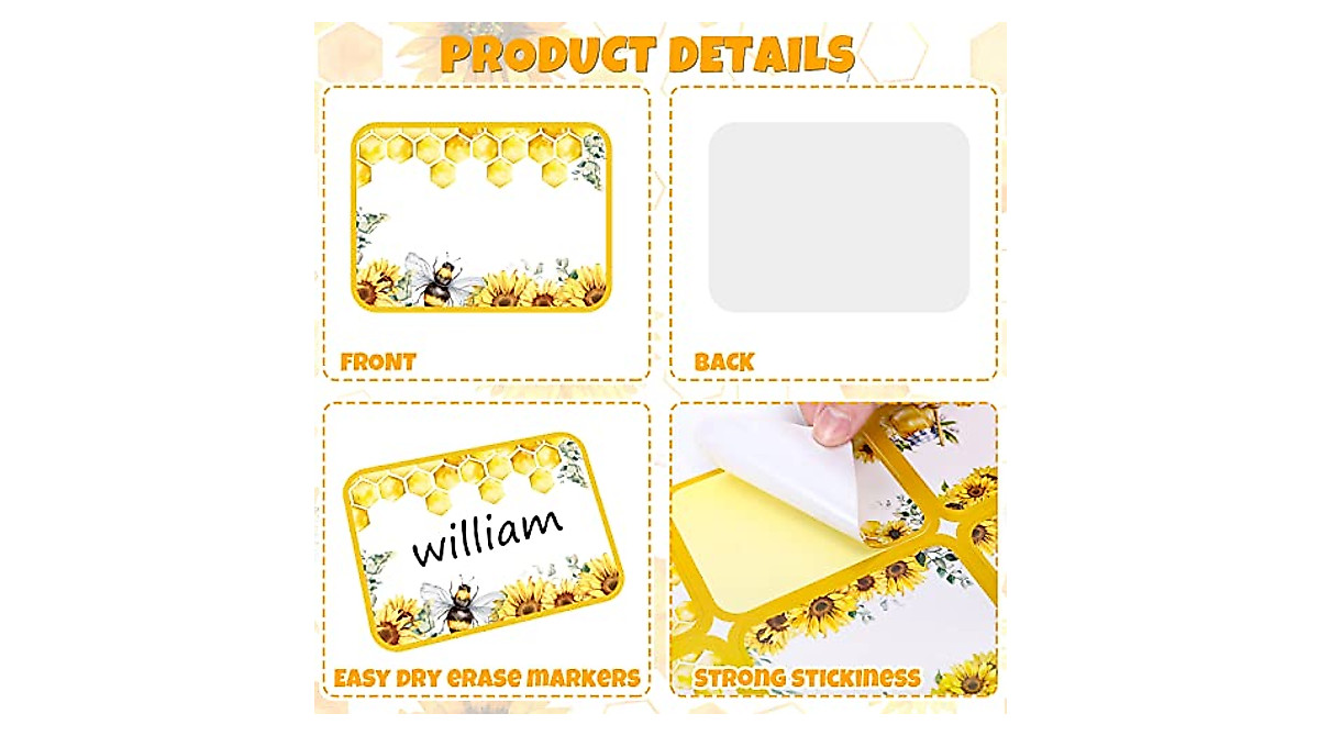 Whaline 180Pcs Sunflower Bee Name Tags for Back to School