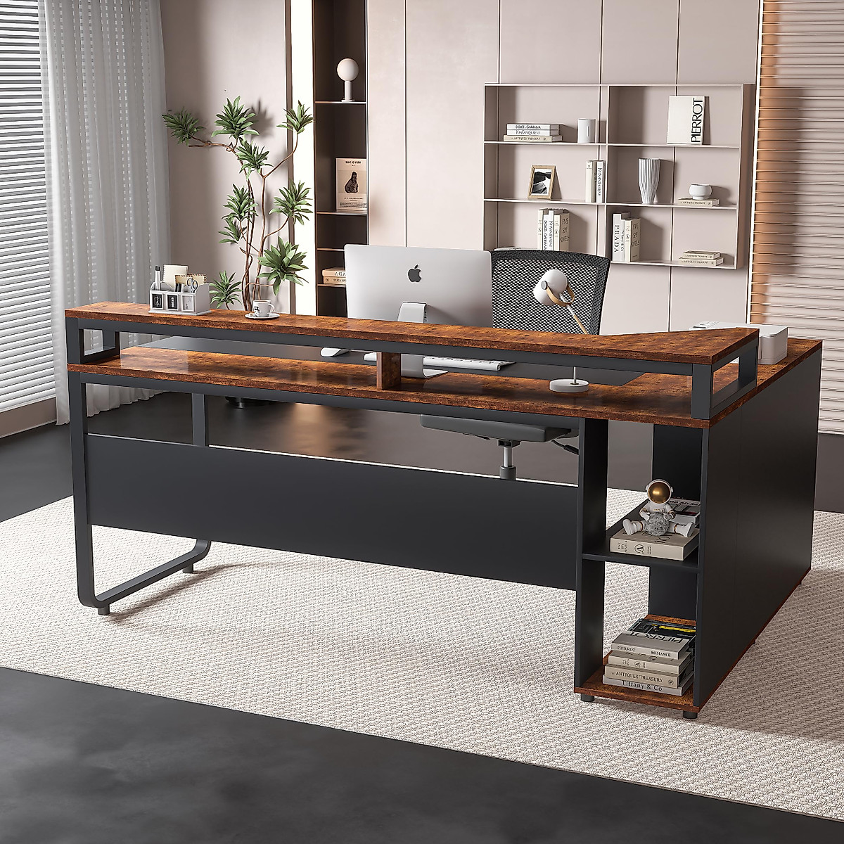 Vagaconl 68 inch Executive Desk,Writing Desk,L Shaped Desk with Cabinet Storage,Studio Office Desk with Shelves, Office Business Furniture Desk Workstation for Home Office, Brown and Black