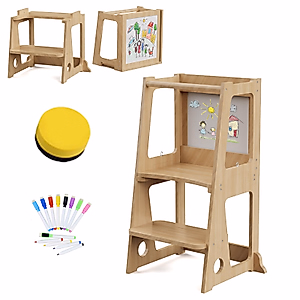 4 in 1 Kitchen Toddler Step Stool, Kids Learning Standing Tower Stool Helper with Safety Rail & White Board for Writing Drawing, Bathroom Potty Stool with Non-Slip Steps (Natural Wood)