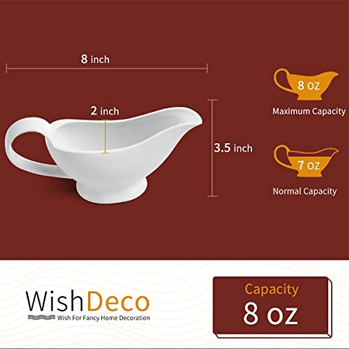 WishDeco White Gravy Boat, 8oz Ceramic Gravy Jug, Small Sauce Jug with Smooth Handle, Porcelain Sauce Boat for Salad Dressing, Broth, Cream, Milk