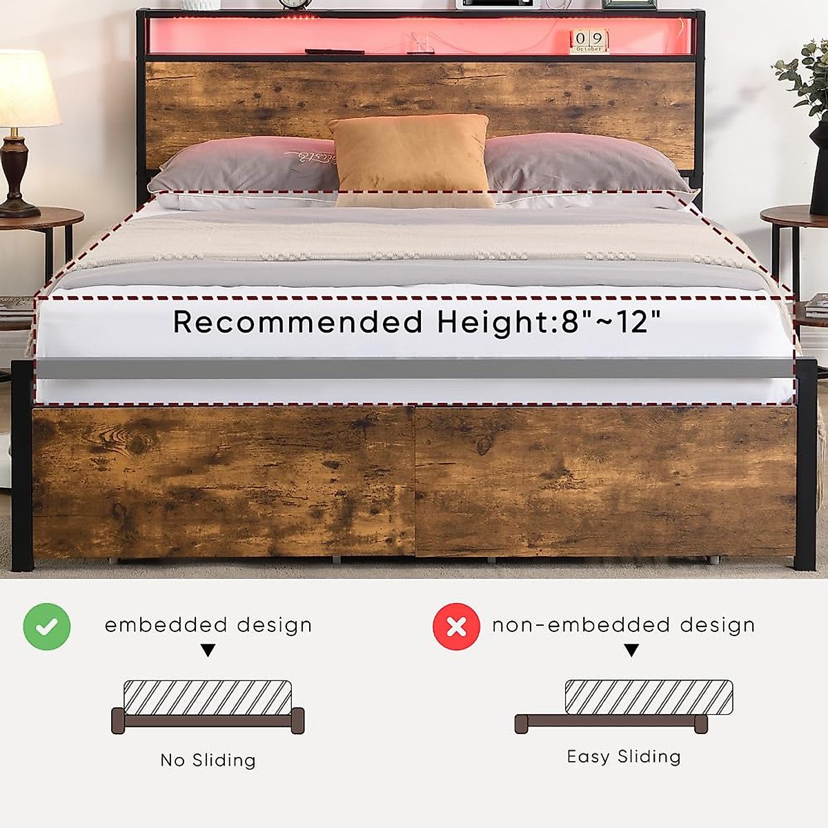 Anwick Queen Bed Frame with Storage Headboard and 2 Drawers, LED Lights Bed with Charging Station, Metal Platform, Non-Slip Without Noise, Metal Slats Support, No Box Spring Needed (Brown, Queen)