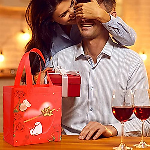 Valentines Day Gift Bags Reusable Shopping Bag Heart Rose Valentine Tote Bag Non Woven Treat Bags with Handles for Valentine's Day Wedding Party Supplies Gifts Wrapping, 9 x 8.7 x 4 Inch (16 Pieces)