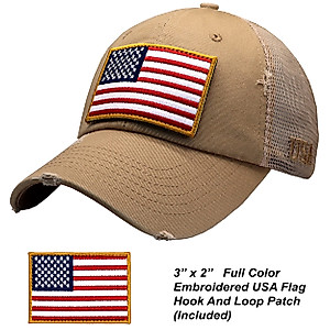 Antourage American Flag Unconstructed Hat for Men and Women Twill Mesh Snapback Baseball USA Flag Cap + 2 Patriotic Patches ((10) Khaki Distressed Mesh Snapback)