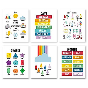 YIMEHDAN Colorful Rainbow Educational Quote Wall Art Print-- Classroom or Kids Playroom Decor -- Color Weather Number Months Days Shapes Themed Canvas Print ( Set of 6 )--Unframed--8X10 inch