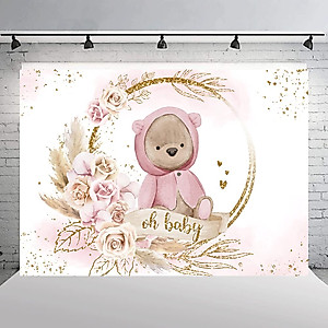 7X5FT Oh Baby Backdrop for Sweet Girl with Pink Bear Boho Rose Flower Background Baby Shower Gold Spots Photography It's a Girl Party Decorations Pink Pampas Grass Banner Photo Booth Props