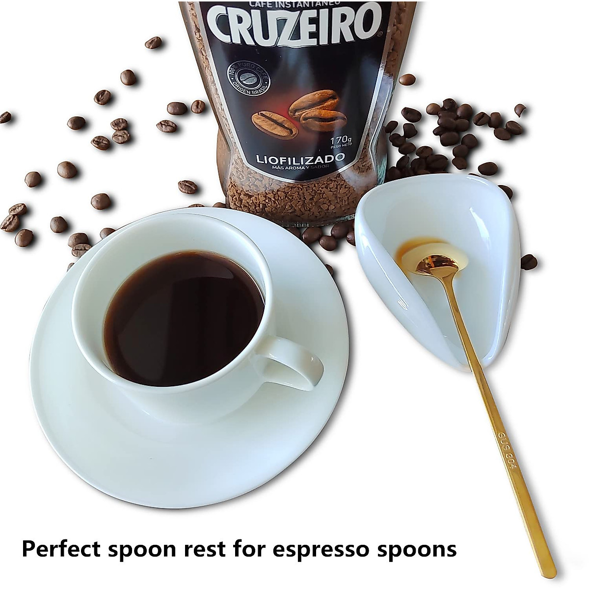 Coffee Spoon Rest and Spoon, Ceramic Coffee Spoon Holder, Small Spoon Rest for Coffee Stirrers, Teaspoon, Bar Spoon, Coffee Bar Accessories, Coffee Station Décor (Gold spoon+Spoon rest)