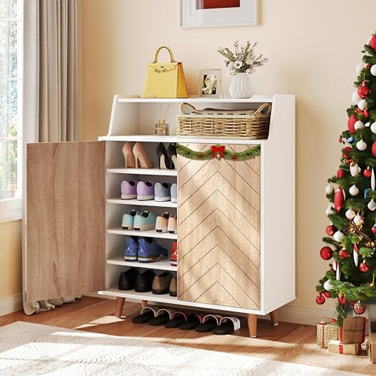 YITAHOME Shoe Cabinet with Doors, 5-Tier Shoe Storage Cabinet with Open Shelves, Large Capacity Wooden Shoes Rack Organizer with Pine Wood Legs for Entryway/Hallway/Closet, White