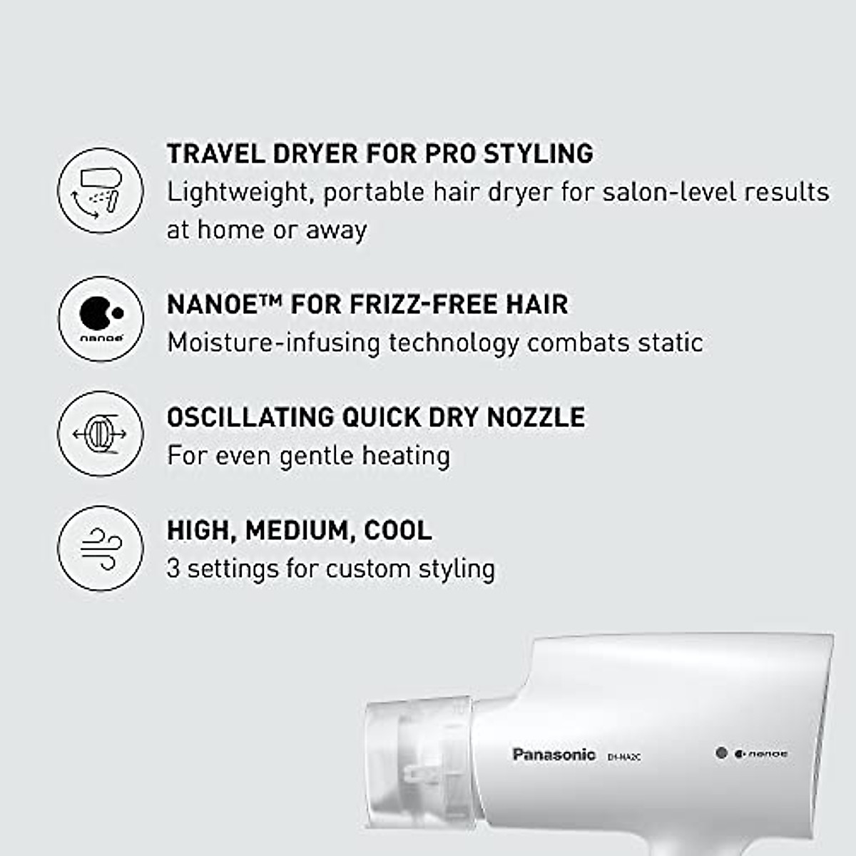 Panasonic nanoe Salon Hair Dryer with Oscillating Quick Dry Nozzle, Folding Hair Dryer for Travel and Home, 3 Airflow Settings for Easy Styling and Healthy Hair - EH-NA2C-W (White)