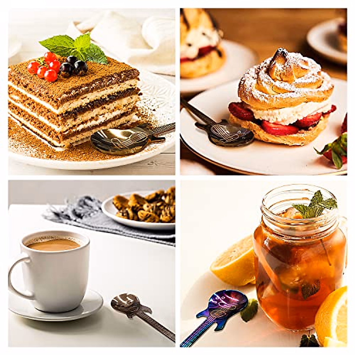 Guitar Dessert Spoons Coffee Teaspoons Set, Stainless Steel Colorful Dessert Spoons, Cute Demitasse Tea Scoop for Stirring Drink Mixing Milkshake Jam(Lucky 7)