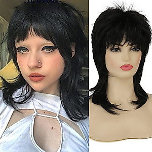 Amnenl Mullet Wig for Women Black Wig Shoulder Length Shaggy Layered Wig Curly 80s Wig Heat Resistant Cosplay Daily Hair Wigs (Black)