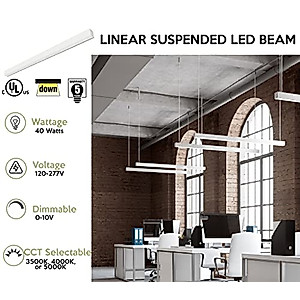 WareLight 4' Linear Suspended LED Beam, 40W, CCT Selectable, 0-10V Dimmable, 120-277V, Transparent Frosted Housing, Power Feed Cable Included