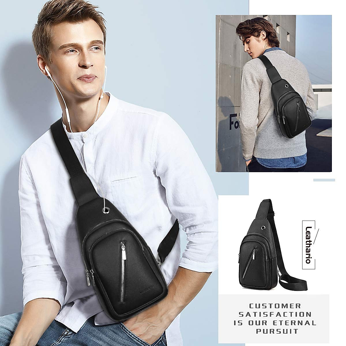 Leathario Men's Leather PU Sling bag Chest bag One shoulder bag Crossbody Bag Backpack for men