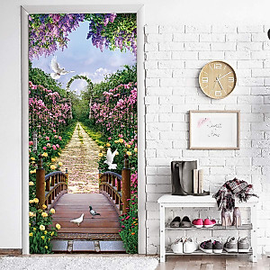 Izielad 3D Garden Flowers Self-Adhesive Door Wallpaper Murals Wall Stickers Peel and Stick Door Poster for Home Decoration Vinyl Removable Art Decal 30.3" x78.7