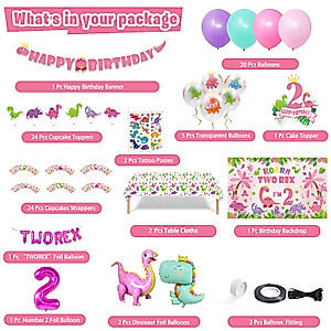 KOTLMIGHT Dinosaur Birthday Party Supplies for 2 Year Old Girl, Two Rex Pink Dinosaur Dino Party Decorations for Girls Baby - Backdrop, Banner, Toppers, Cupcakes Wrappers, Balloons and Tablecloth