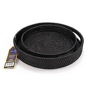 Rattan Round Serving Tray, Hand Woven Serving Basket with Cut - Out Handles, Wicker Fruit/Bread Serving Basket, 14.17 Inch (Black, Large)