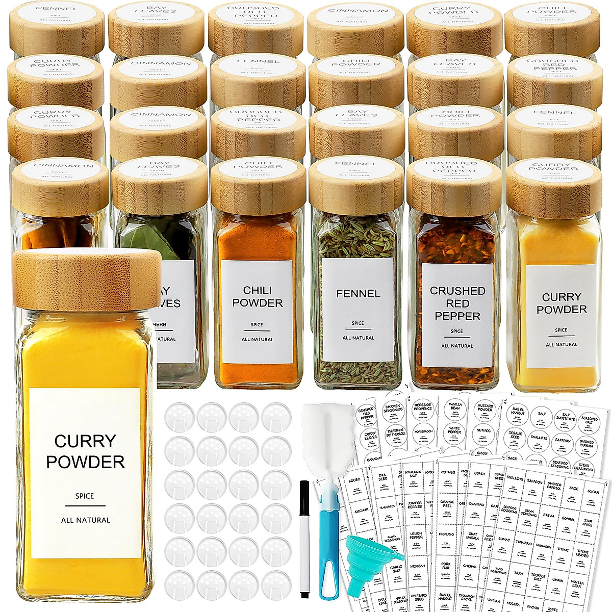 AISIPRIN 24 Pcs Glass Spice Jars with Bamboo Airtight Lids and 398 Labels, 4oz Empty Square Containers Seasoning Storage Bottles - Shaker Lids, Funnel, Brush and Marker Included