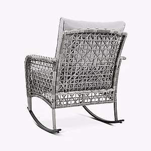 CIRMUBUY 3-Piece Outdoor Furniture Set, Patio Conversation Chair, Wicker Cushioned Patio Rocker with Side Table for Porch, Garden, Poolside & Deck, Light Grey