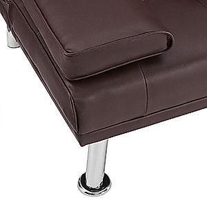 Futon Sofa Bed, Faux Leather Futon Couch with Armrest and 2 Cupholders, Pull Out Sofa Bed Couch Convertible with Metal Legs, Folding, Reclining Small Couch Bed, Futon Bed for Living Room - Espresso