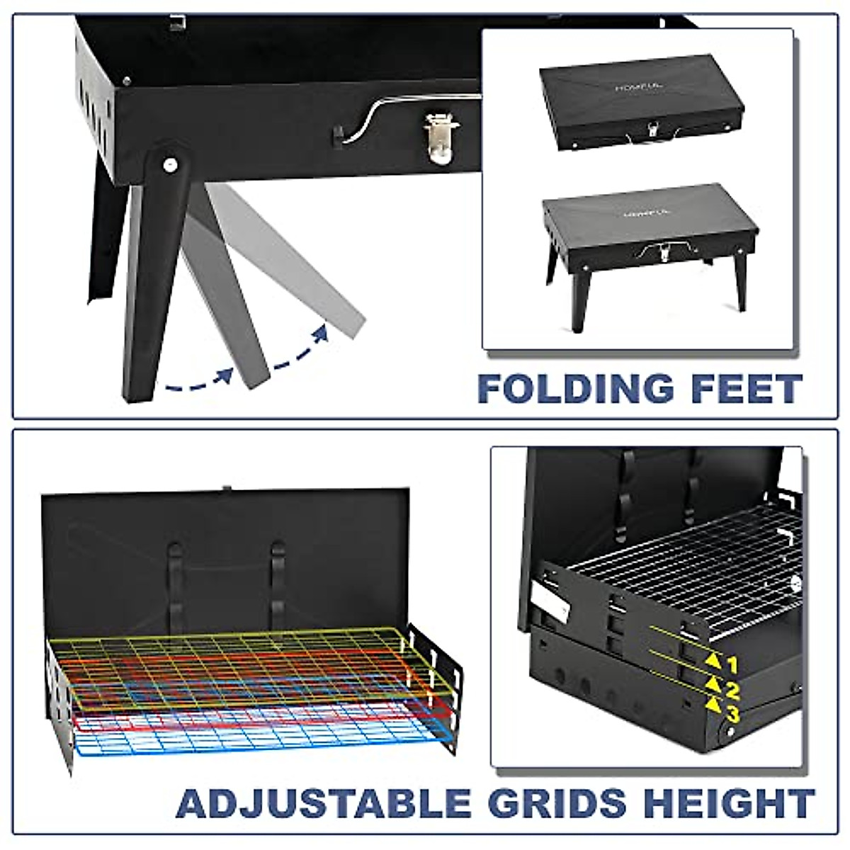 HOMFUL Charcoal Grills Portable Camping Grill Folding BBQ with 8 Pcs Barbecue Accessories with Lid 3-level Height Adjustment for 3 to 5 people for Outdoor Hiking Party Park Beach, Black