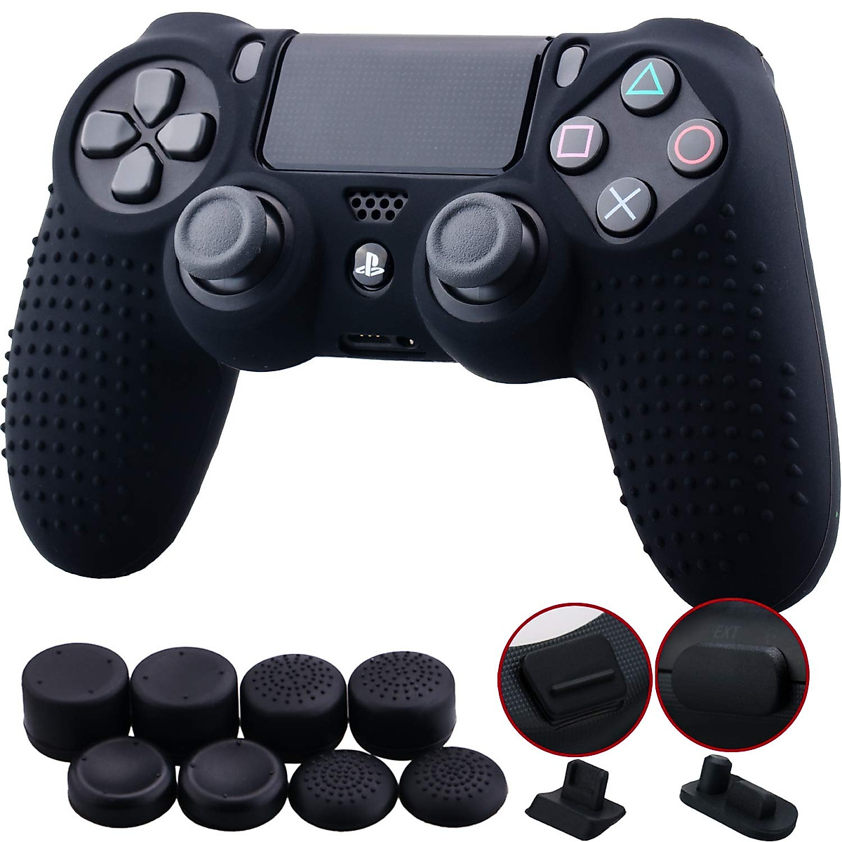 9CDeer 1 Piece of Silicone Studded Dots Protective Sleeve Case Cover Skin + 8 Thumb Grips Analog Caps + 2 dust Proof Plugs for PS4/Slim/Pro Controller, Black