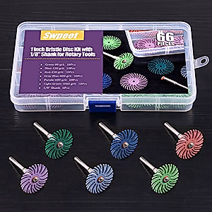Swpeet 66Pcs 1 Inch 6 Mixed Grit 80/120/220/400/600/1000 Radial Bristle Disc Abrasive Brush Gap Polishing Pad Buffing Wheel Assortment Kit with 1/8" Shank for Rotary Tools Cleaning Finishing Deburring