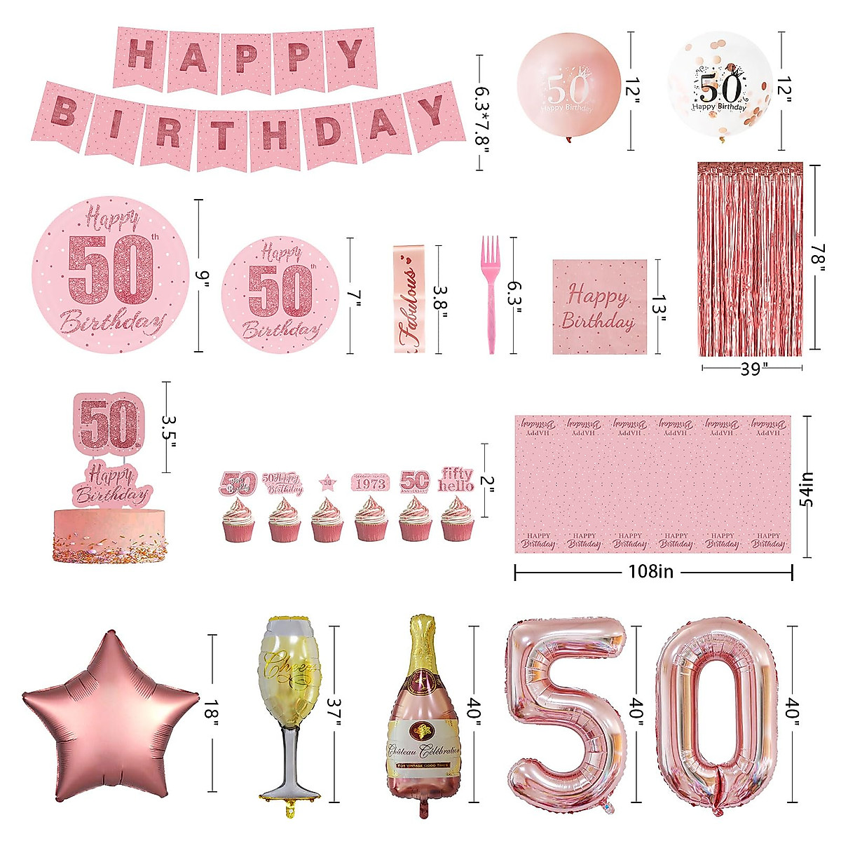 50th Birthday Decorations Women Rose Gold 50 Party Supplies Foil Fringe Curtains,Plates,Napkins,Tablecloth,Forks,Happy Birthday Banner,50th Sash,Cake&Cupcake Toppers,Latex&Foil Balloons