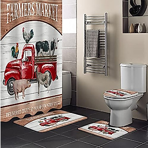 4 Pcs Shower Curtain Sets with Rugs,Vintage Farm Animals Cows Roosters Red Truck Wood Grain Background Bathroom Sets,Waterproof Non-Slip Shower Curtain U-shaped Rug Bath Mat Toilet Lid Cover 12 Hooks