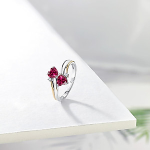 Gem Stone King 925 Sterling Silver and 10K Yellow Gold 2 Tone Red Created Ruby and White Lab Grown Diamond 2 Heart Couple Women Engagement Mother Ring (1.22 Cttw, Available In Size 5, 6, 7, 8, 9)