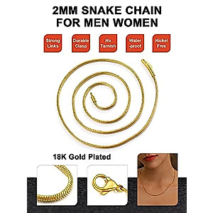 Gold Round Snake Chain Jewelry Women DIY Slim Chain Necklace Gold Plated 18 Inch 2MM Shiny Charms