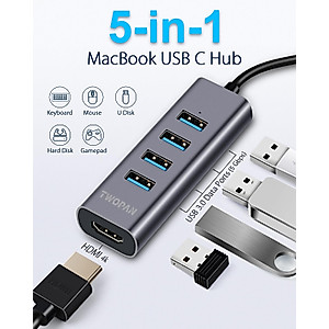 TWOPAN 5 in 1 USB C Hub with 4K HDMI, 4 USB 3.0 Ports, Multiport Adapter for Laptop, MacBook Pro/Air, iMac, iPad, Pixelbook, Thinkpad, XPS and USB-C Devices