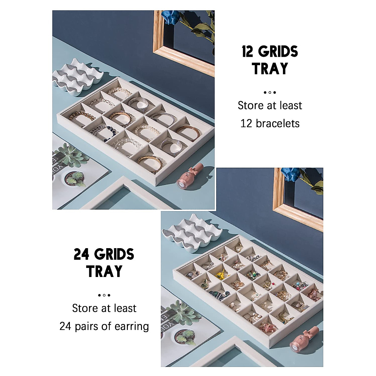 Coward Set of 5 Stackable Jewelry Organizer Tray Necklace Earring Box Storage Ring Bracelet Display Holder (beige(ring+necklace+12girds+24girds+The glass lid))