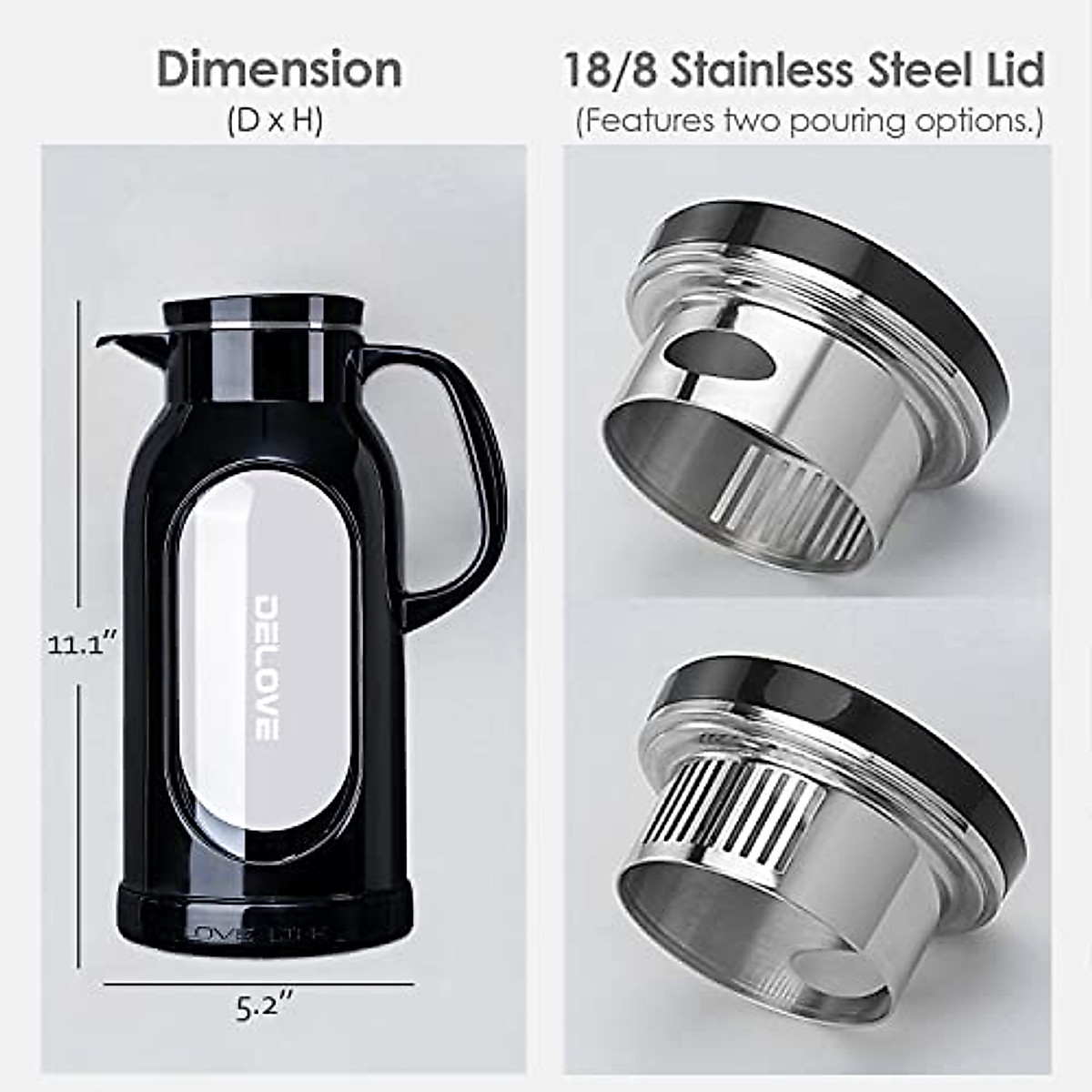 Delove 68 oz/2 Liter Glass Pitcher with Shatterproof Shell - Heat Resistant Glass Liner - Stainless Steel Lid - Carafe & Jug for Iced Tea,Hot/Cold Water,Homemade Juice Beverages (Black)