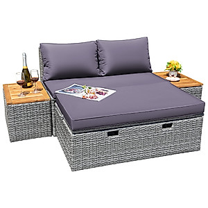 Greesum Patio Furniture Set Multifunctional Outdoor Sectional Sofa Rattan Chaise Lounge Wicker Daybed with Couch, Cushions, Storage Ottoman and 2 Side Tables for Backyard Porch Poolside Lawn, Gray