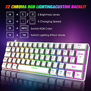 SELORSS Mini 60% Wired Mechanical Gaming Keyboard,22 RGB Chroma Backlit, Compact 62 Full Anti-ghosting Keys, USB C Cable,Replaceable Keycaps,Tactile Switch for Gamer/Typist/Xbox/PC/Win/Mac(White)