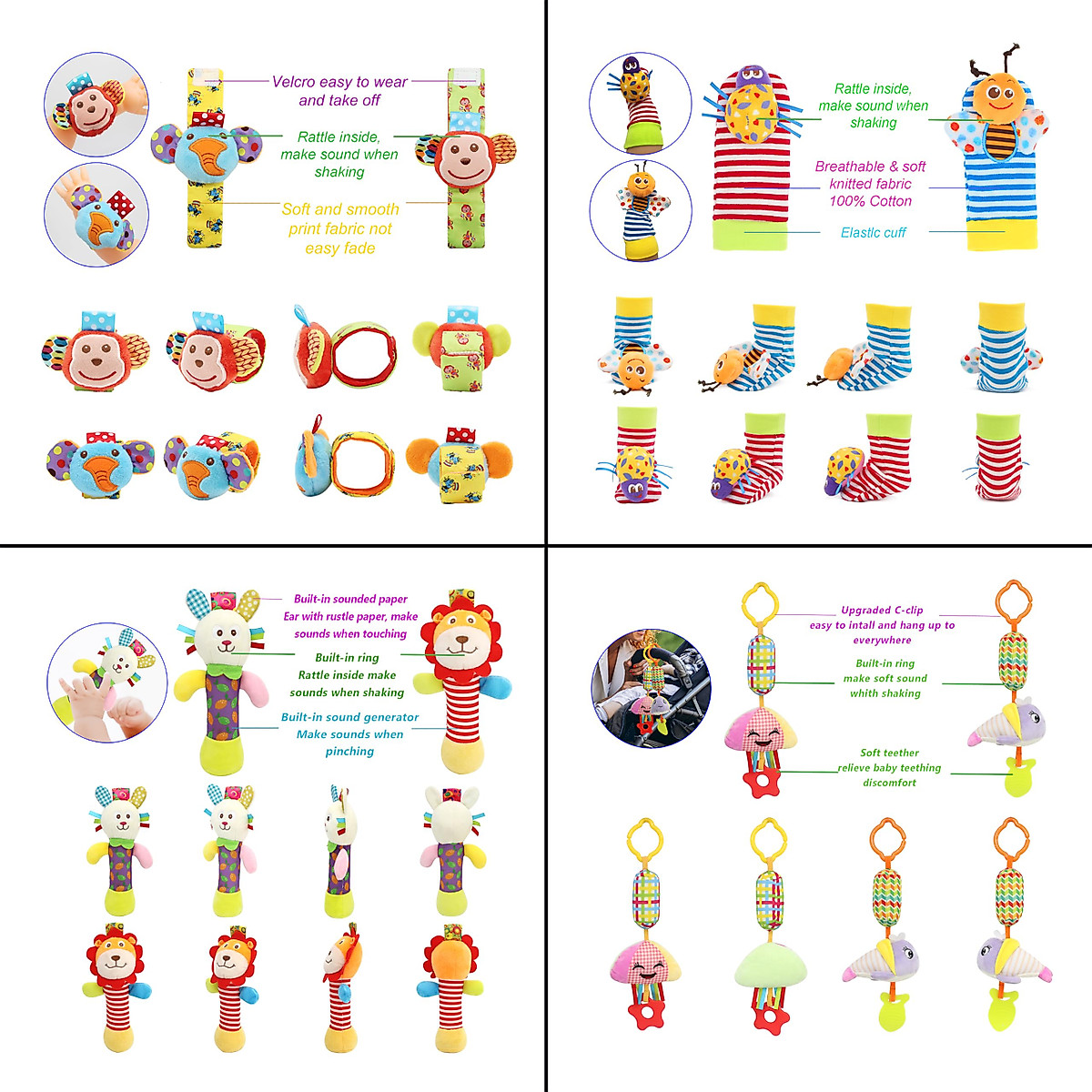 Bloobloomax Wrist Rattles Foot Finder Rattle Sock Baby Toy, Hanging Rattle Toy, Hand Bracelet Rattle, Feet Leg Ankle Socks, Activity Rattle Present Gift for Newborn Infant Babies Boy Girl(12 pcs-H)