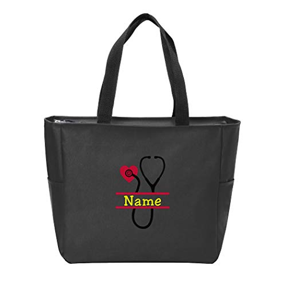 Personalized Monogram Tote Bag Nurse Doctor Appreciation Heart Stethoscope Initials Gift RN LPN CAN (Design #3/Black)