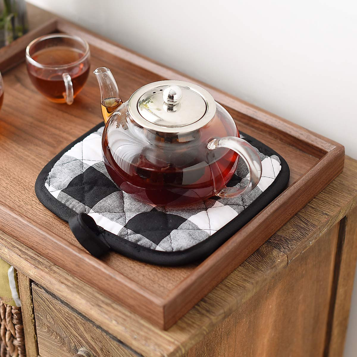 6 Pieces 100% Cotton potholders for Kitchens ， Heat Resistant with Pocket for Easy Grip. (Black Plaid)