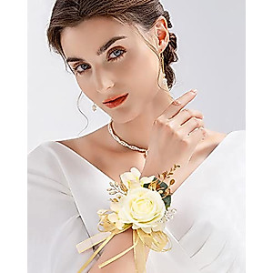 Rose Wrist Corsage and Boutonniere Set Artificial Corsage Wristlet Bracelet for Wedding Decorations Prom Ceremony Accessories (2pcs, Champagne)