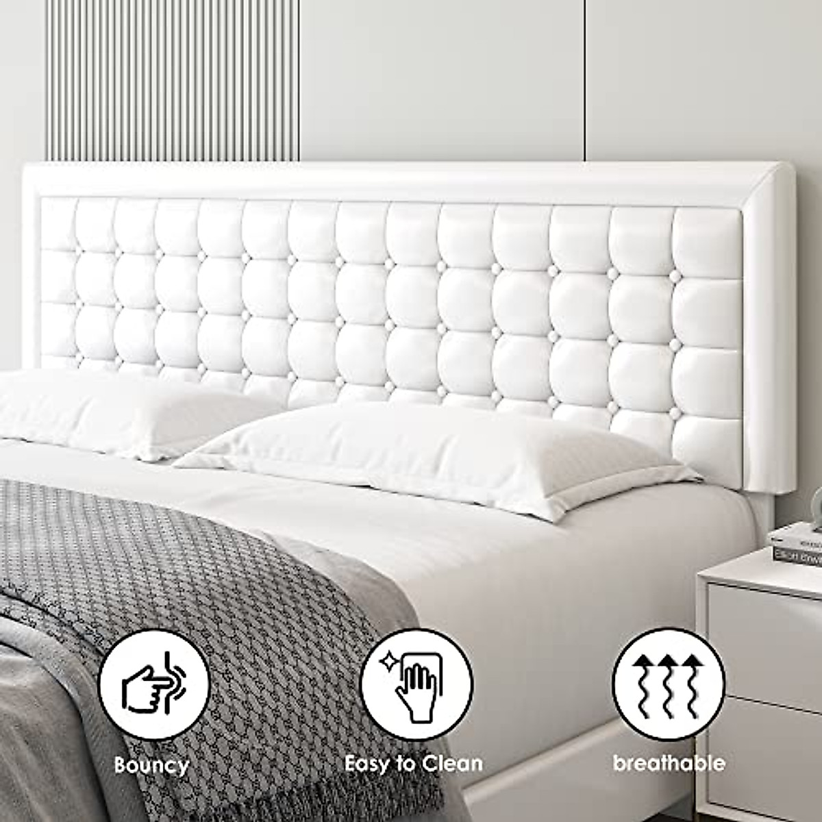 HIFIT King Size Bed Frame, Upholstered Platform Bed with Button Tufted Adjustable Headboard, Modern Faux Leather Upholstered Mattress Foundation, No Box Spring Needed, Easy Assembly, White