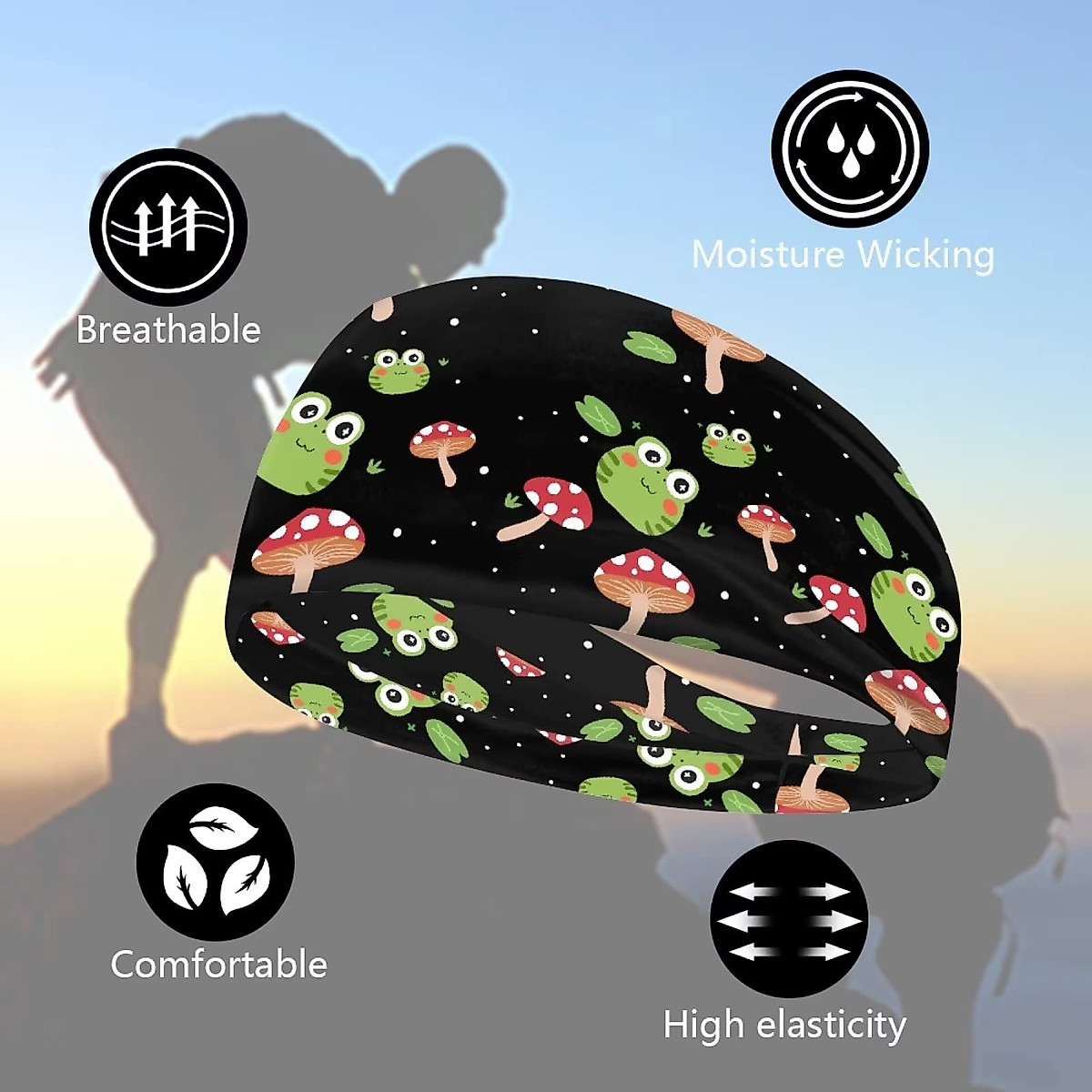 Showudesigns Mushroom Frog Headband for Men Boys Basketball Running Sport Head Wraps Lotus Leaf Wide Close Skin Absorption Sweat Bands Black