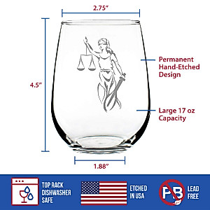 Lady Justice - Stemless Wine Glass - Lawyers and Attorneys Themed Gifts or Party Decor - Large 17 Ounce